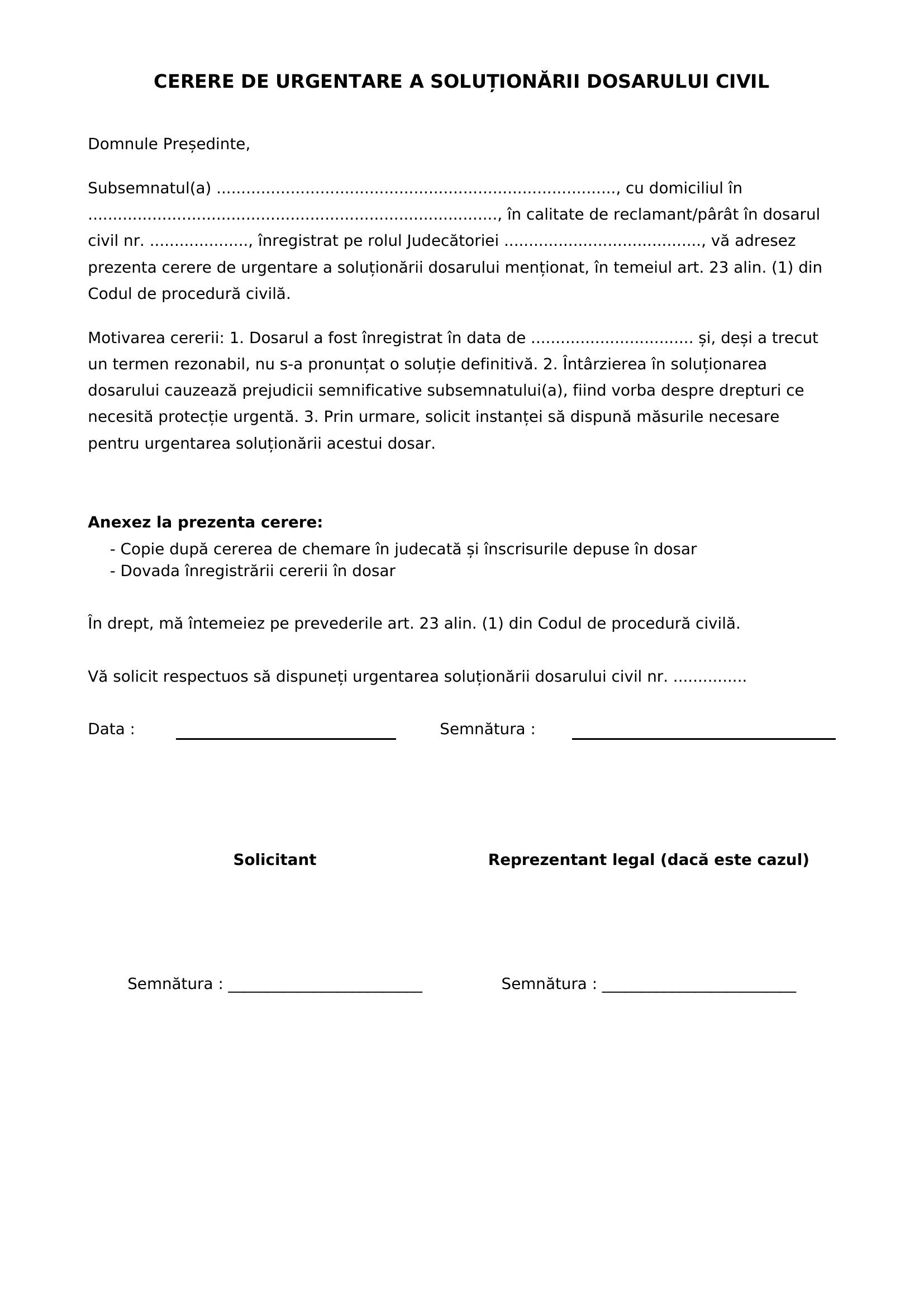 Cerere Urgentare Solutionare Dosar Civil