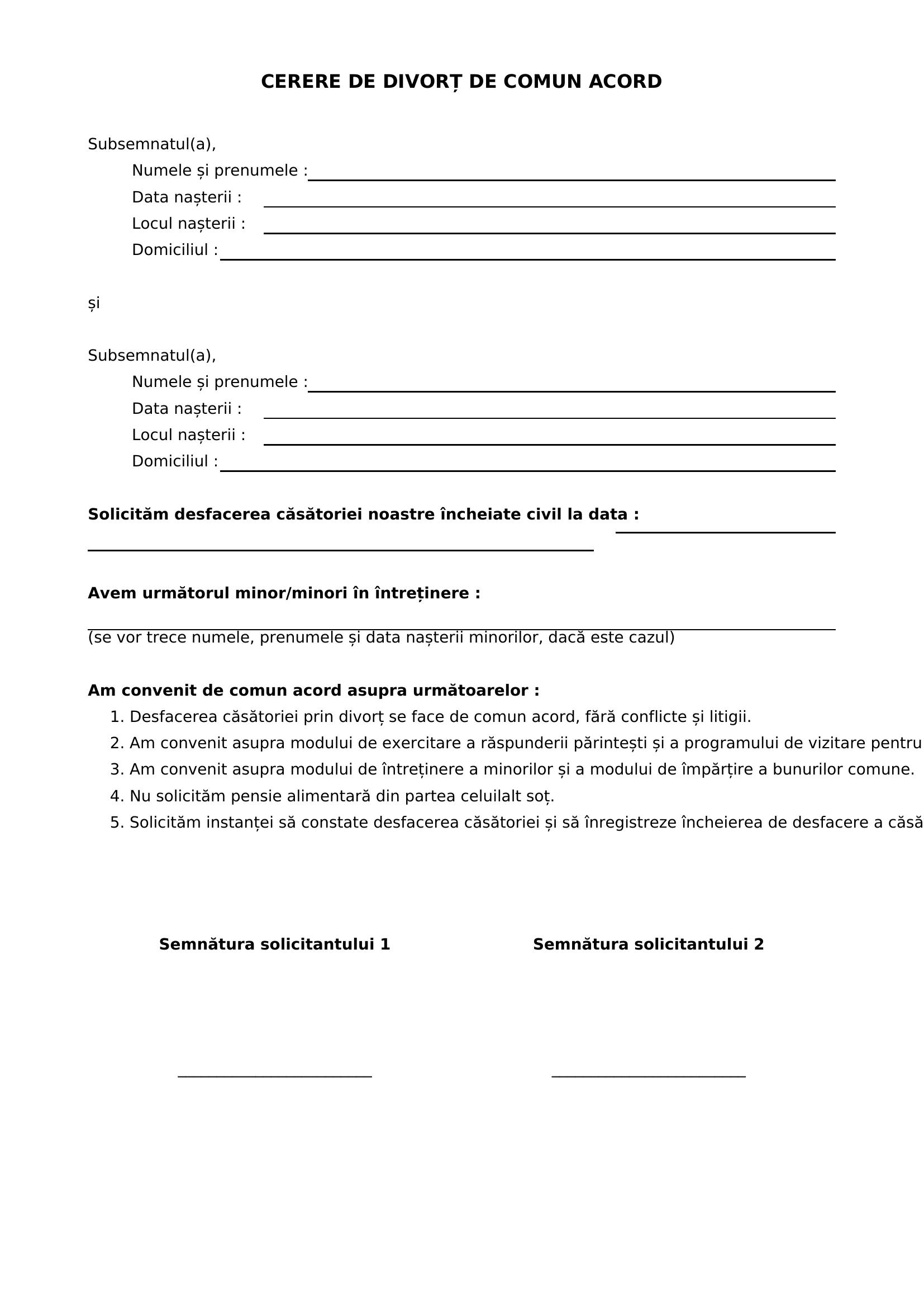 Model Cerere Divort De Comun Acord