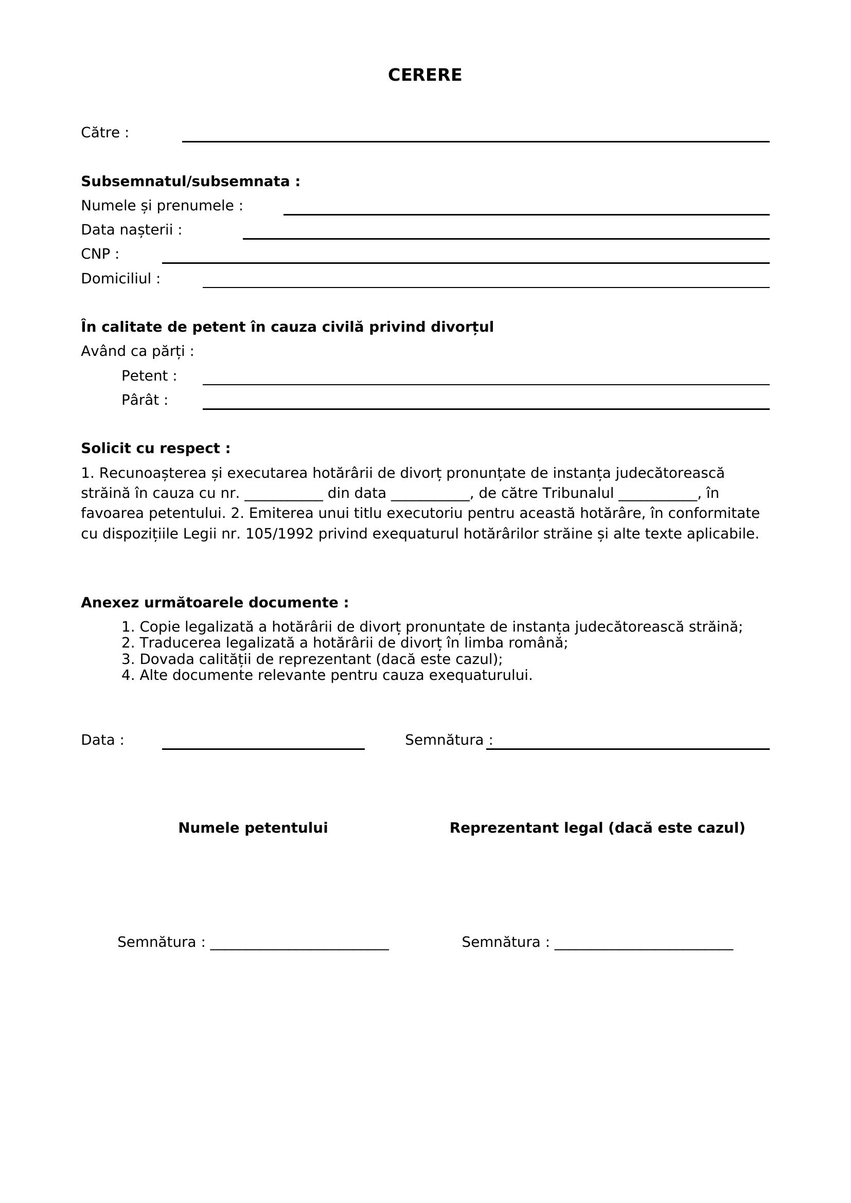 Model Cerere Exequatur Divort