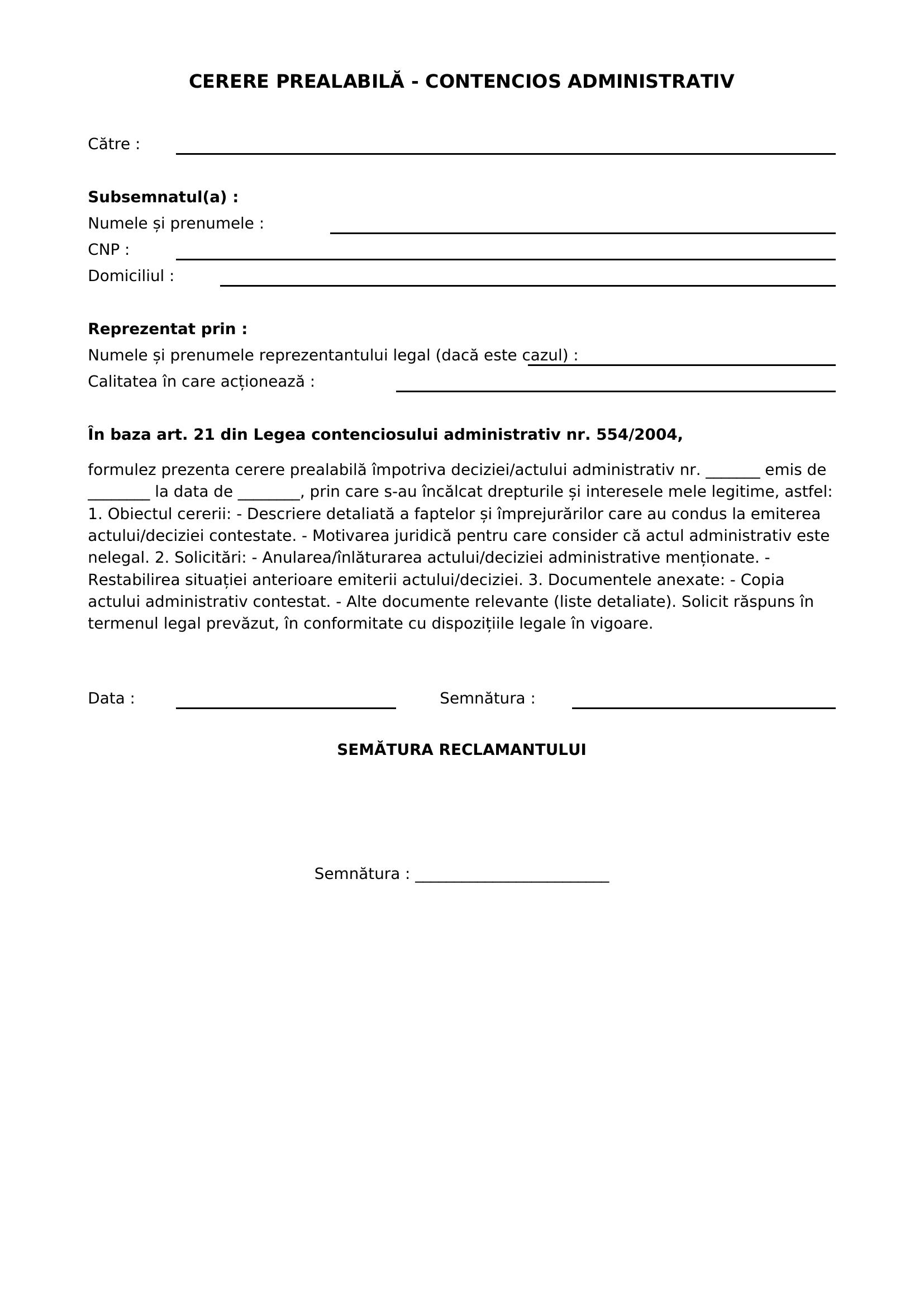 Model Cerere Prealabila Contencios Administrativ