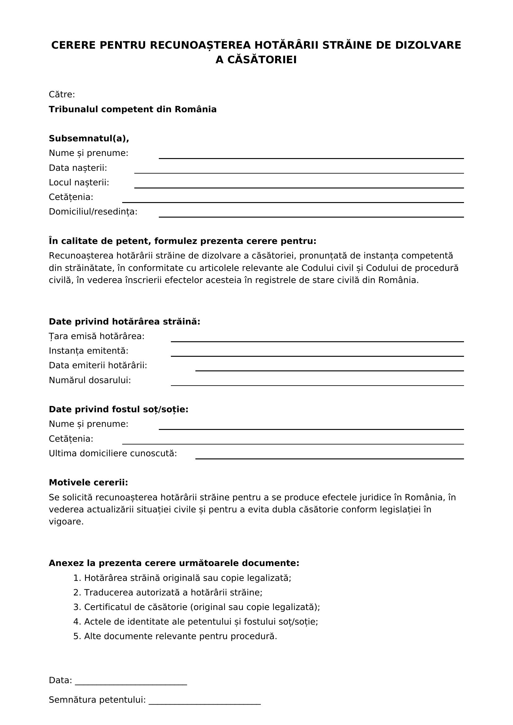 Model Cerere Recunoastere Hotarare Straina Divort